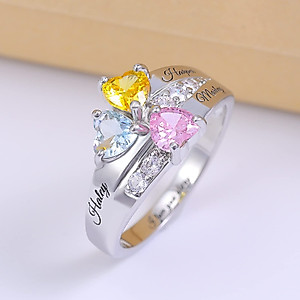 Tribitneer Personalized Mothers Rings with 3 Simulated Birthstones Custom Name Promise Rings for Women Family Name Rings for Mom Grandmother