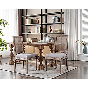 CIMOTA Farmhouse Dining Chairs Set of 2, French Rattan Dining Room Chairs with Rectangle Back/Distressed Wood Upholstered Vintage Side Chairs for Kitchen/Restaurant, Grey/2PCS