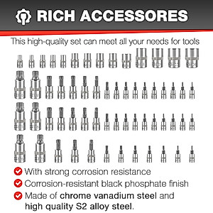 EACELIY 60pcs Torx Bit Socket Set, Hex Star Sockets, S2 and CR-V Steel, Includes Torx E socket (E4-E24), Torx Bit Socket (T6-T70), Torx Tamper Bit Socket (TT6-TT70), Torx Plus Bit Socket (TP8-TP60)