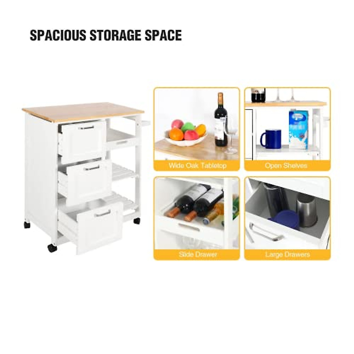 AKVOMBI Rolling Kitchen Island Cart with Wood Countertop, White Kitchen Trolley Carts on Wheels with 3 Drawers, Towel Rack, Adjustable Shelves