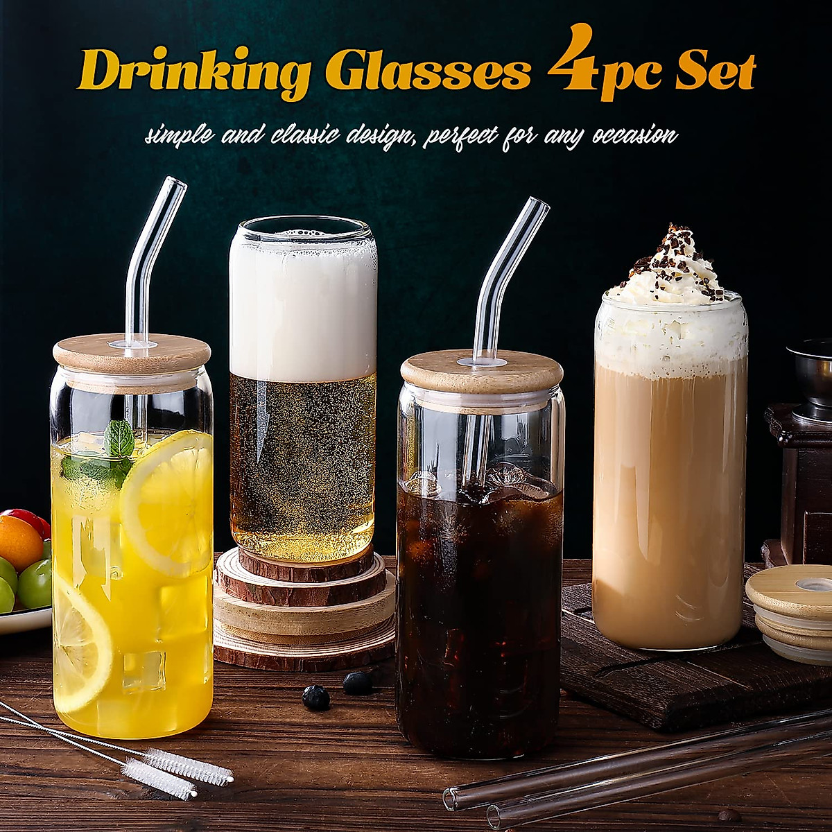 Porkus Glass Cups with Lids and Straws 4pcs Set, 20oz Glass Cups, Glass Coffee Cups, Iced Coffee Cup, Cute Tumbler Cup
