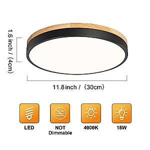 Vikaey Modern Wood LED Ceiling Light Fixture, Minimalist Black Flush Mount Ceiling Lamps, Round Ceiling Lighting Fixtures for Bedroom, Dining Room, Kitchen, Laundry Room, Hallway (NOT Dimmable)