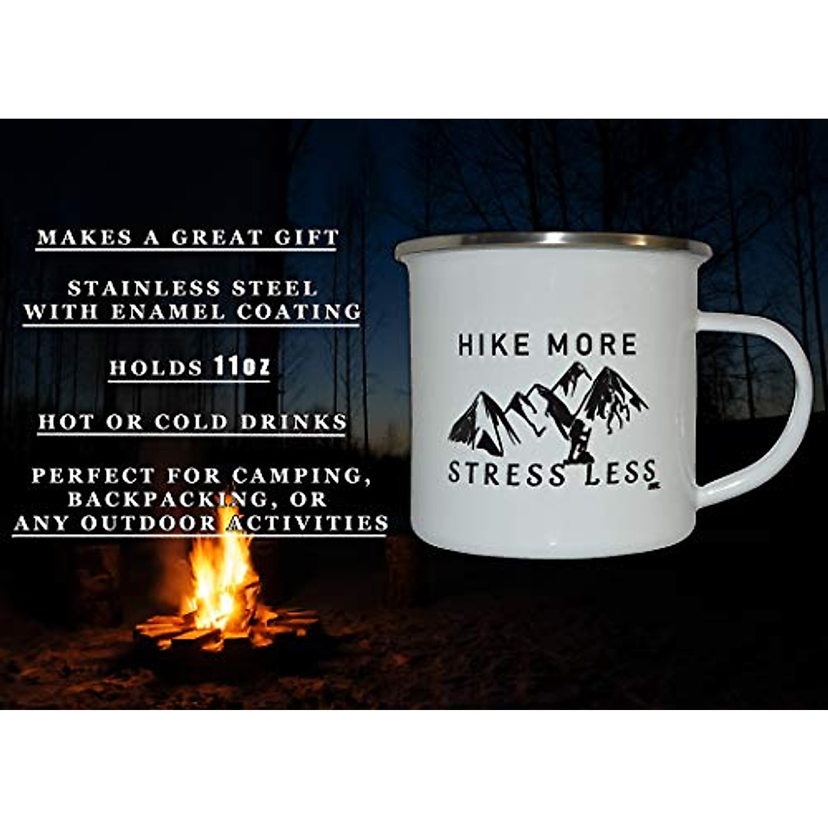Rogue River Tactical Funny Camp Mug Enamel Camping Coffee Cup Gift Hike More Stress Less Camping Gear
