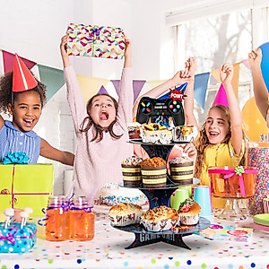 3-Tier Video Game Cupcake Stand Reusable Mini Game Theme Cake Stand Cardboard Gamer Cupcake Holder Stand for Birthday Theme Party Supplies Dessert Stand (Blue, Classic Style)