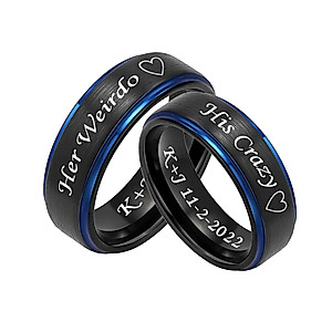 MZZJ Personalized Inside Her Weirdo & His Crazy Couple Matching Ring 2 Tone Brushed Matte Black Tungsten Blue Step Edge Wedding Band Promise Engagement Rings for Him Her