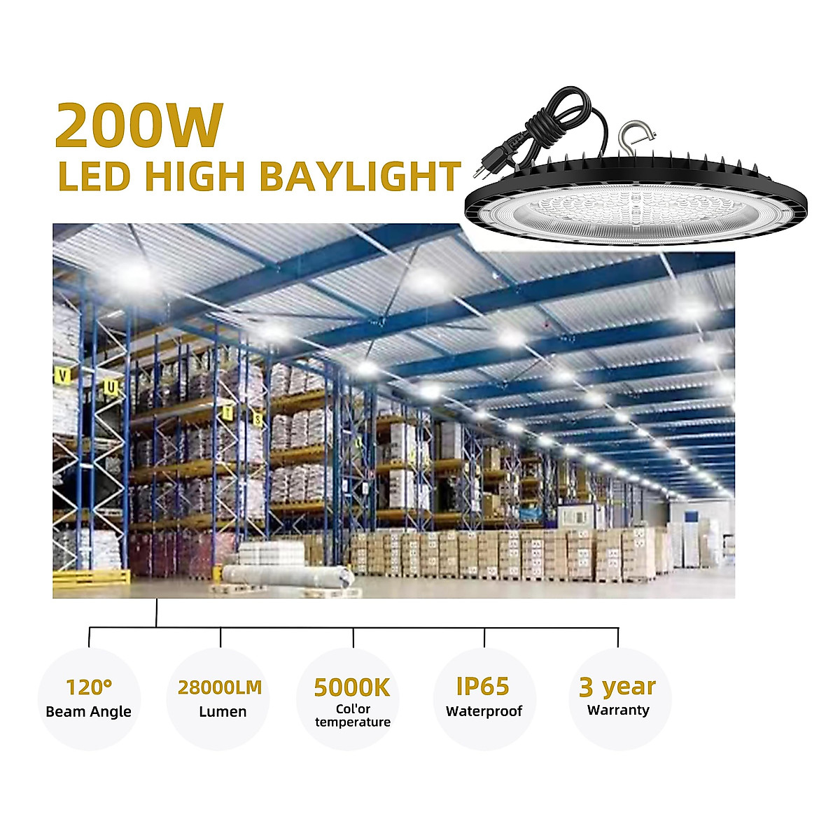6 Pack UFO LED High Bay Light, 200W LED High Bay Light, 5000K,28,000LM, 5 ft Cable with US Plug UL Certified Plug, IP65 Commercial Warehouse Area Light for Wet Location Area, Workshop, Garage
