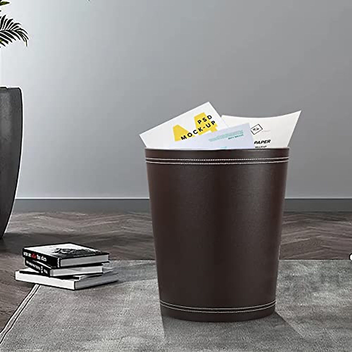 KINGFOM Classic Pu Leather Trash Can Wastebasket, Garbage Container Can for Bathrooms, Powder Rooms, Kitchens, Home, Office and and High Class Hotel Round Brown