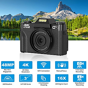 4K Vlogging Camera for YouTube 48MP Digital Camera for Photography 16X Digital Zoom Compact Camera with WiFi Wireless Microphone, Wide-Angle & Macro Lens 32GB TF Card and 2 Batteries (Black)