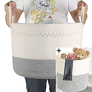 Clubasket 2 Pcs Cotton Rope Basket Large Woven Storage Basket Blanket Basket Living Room Laundry Basket Hamper Storage Bins Toy Basket for Home (Grey&White 20x13'')