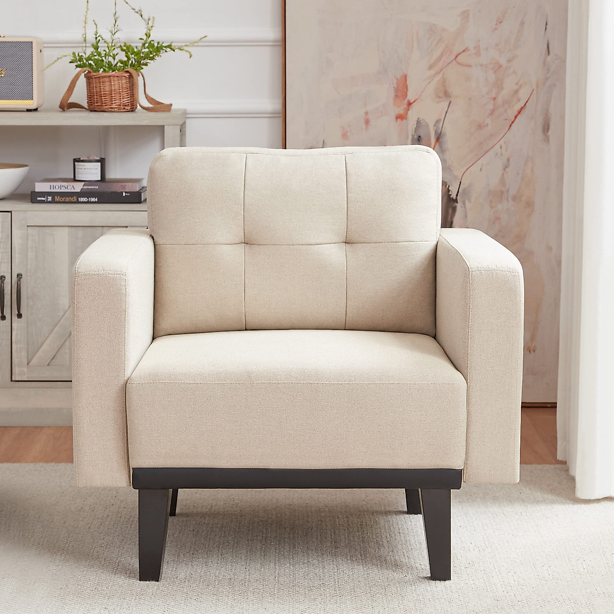 AYEASY Linen Mid-Century Modern Cream Accent Set of 2, Oversized Upholstered Single Sofa Chair Base and Wood Legs, Comfy Living Room Armchairs for Apartment Bedroom Office Study, Ivory/Beige