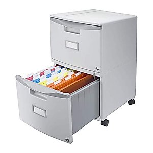 Storex Plastic Two-Drawer File Cabinet – Locking Document Organizer with Casters for Home and Office, Gray, 1-Pack (61310B01C)
