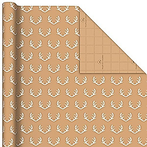 Hallmark Recyclable Kraft Wrapping Paper with Cut Lines (3 Rolls: 90 Sq. Ft. Ttl.) Minimalist Christmas, White Trees, Deer Antlers, Snowflakes on Brown Kraft for Holidays, Weddings, Winter Solstice