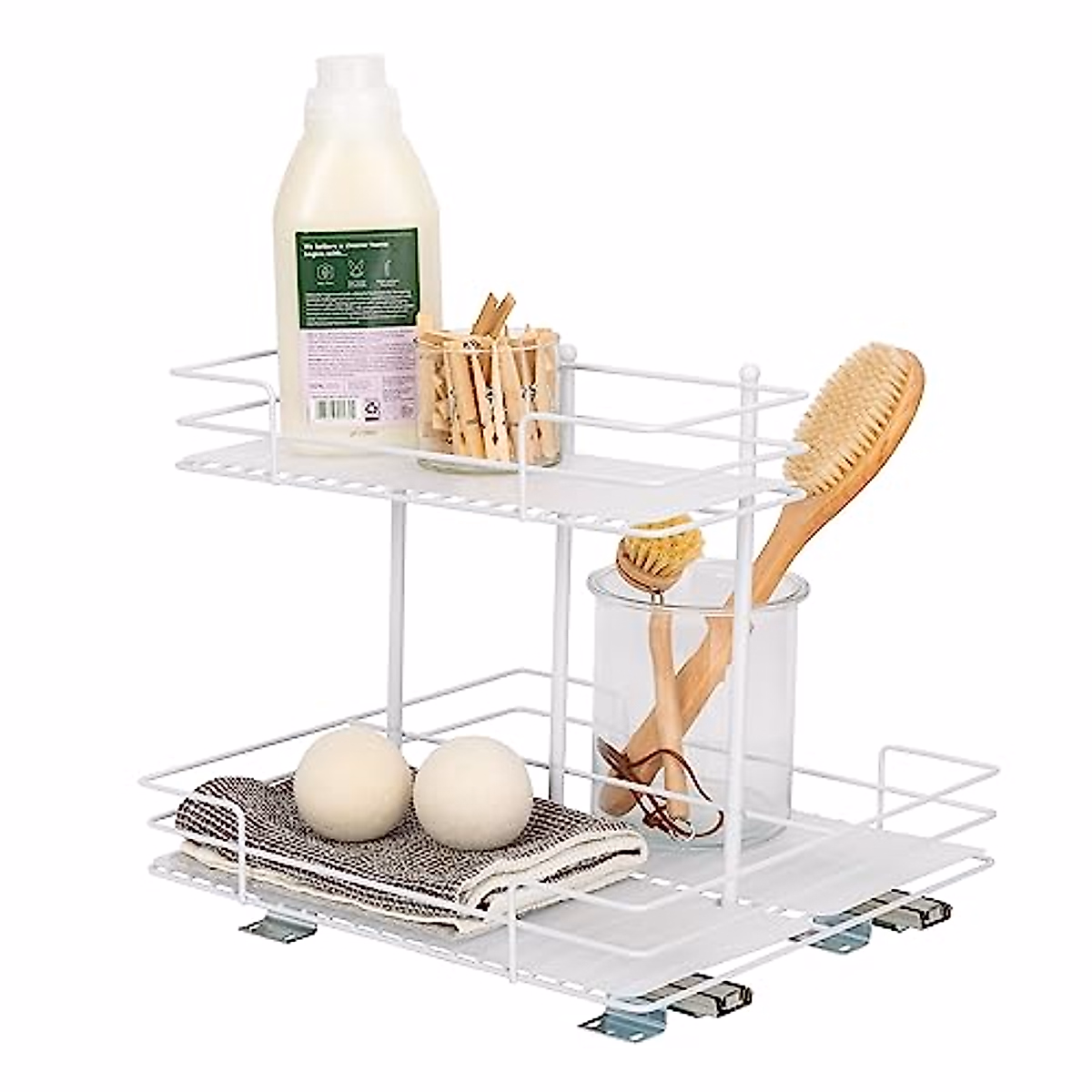 Household Essentials Glidez Paint-Finished Steel Pull-Out/Slide-Out Storage Organizer with Plastic Liners for Under Sink or Cabinet Use- 2 -Tier Design - Fits Standard Size Cabinet or Shelf, White