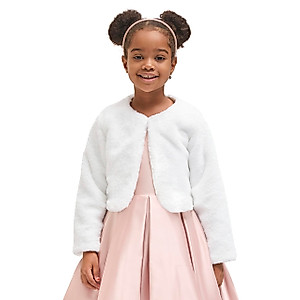 Lilax Girls Cozy Faux Fur Bolero Shrug Long Sleeve Crew Neck Dress Coat 5T White
