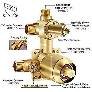 HomGoo Shower System with Tub Spout, Tub Shower Faucet Set with High Pressure 10" Rain Shower head and 5-Setting Handheld Shower Head Set, Pressure Balance Valve included, Brushed Gold