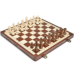 AMEROUS 15'' Wooden Chess Set with Upgraded Weighted Chess Pieces - 2 Extra Queen - Folding Board - Instructions - Gift Package - Chessmen Storage Slots, Classic Chess Board Game for Kids, Adults