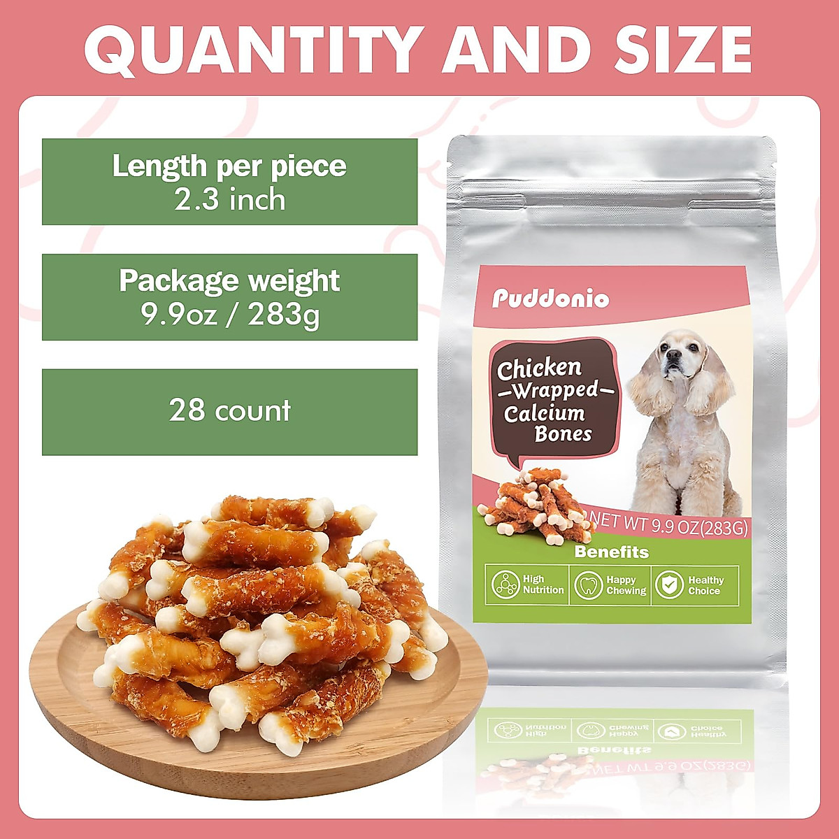 Puddonio Dog Treats, 2.3 Inch Chicken Wrapped Calcium Bones, Rawhide Free Dog Training Treats, Soft Dog Chews for Puppy and Small Dogs, 9.9 oz