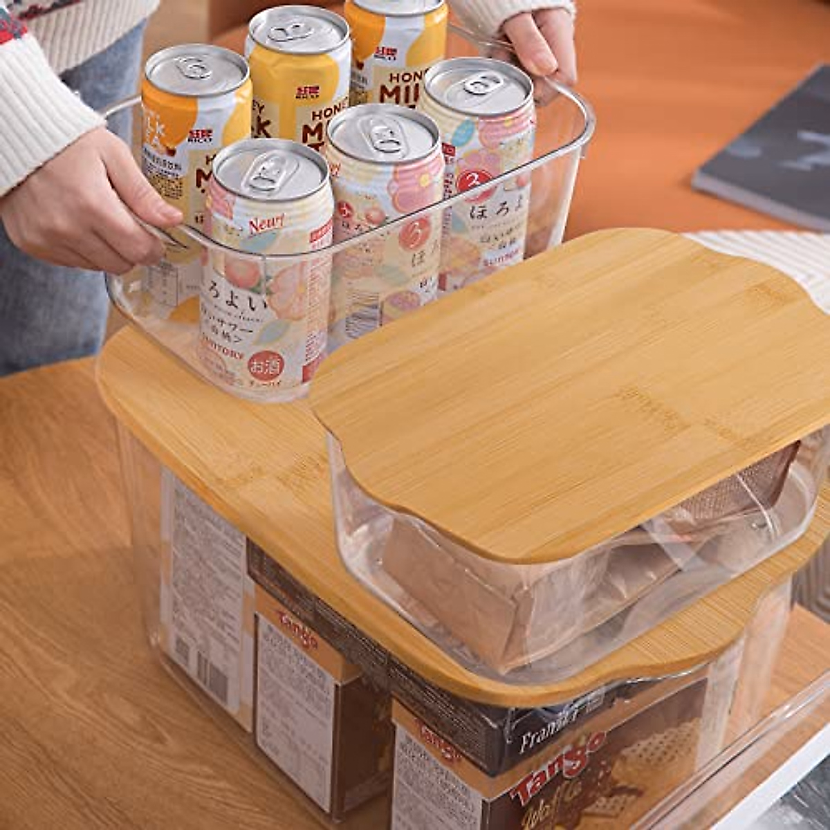 ANMINY 3PCS Clear Plastic Storage Bins Lidded Stackable Basket Box Set with Bamboo Removable Lid Handle Home Kitchen Closet Shelf Decorative Kid Toy Clothes Towel Laundry Organizer - 1 Medium 2 Small