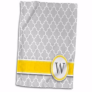 3D Rose Name Initial Letter W-Monogrammed Grey Quatrefoil Pattern-Personalized Yellow Gray Towel, 15" x 22", Multicolor