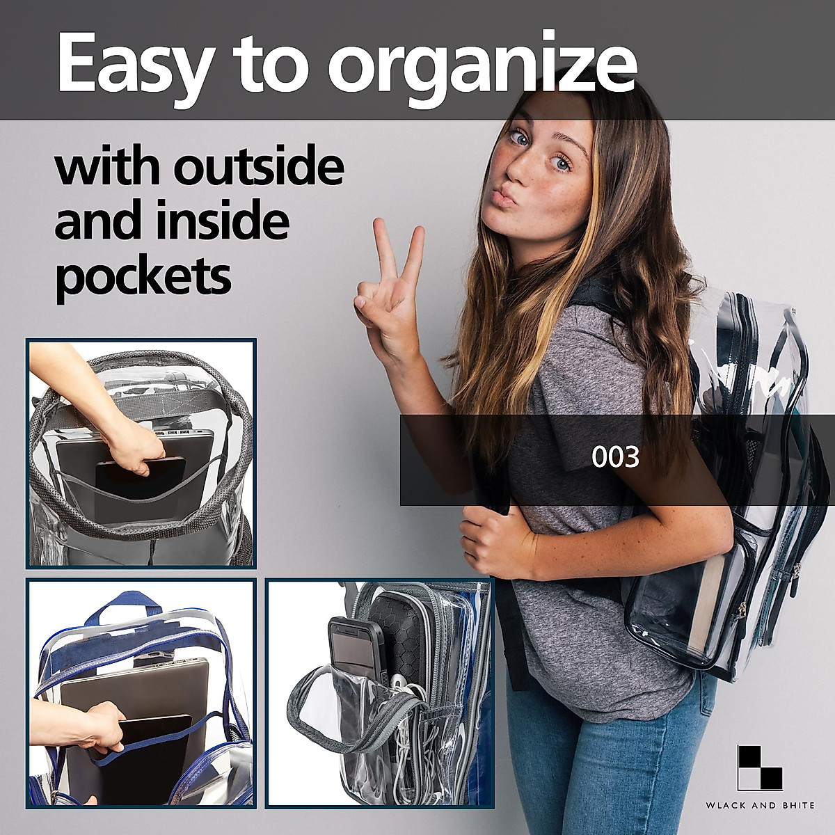 Heavy Duty Clear Backpack with Mesh Organizer, Clear Bookbag (Large, Black)