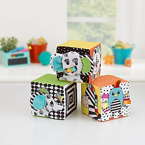 Sassy Baby Eli Elephant, Zebra and Monkey Multi-Colored Developmental Plush Baby Blocks, Set of Three with Crinkle, Mirror and Chime