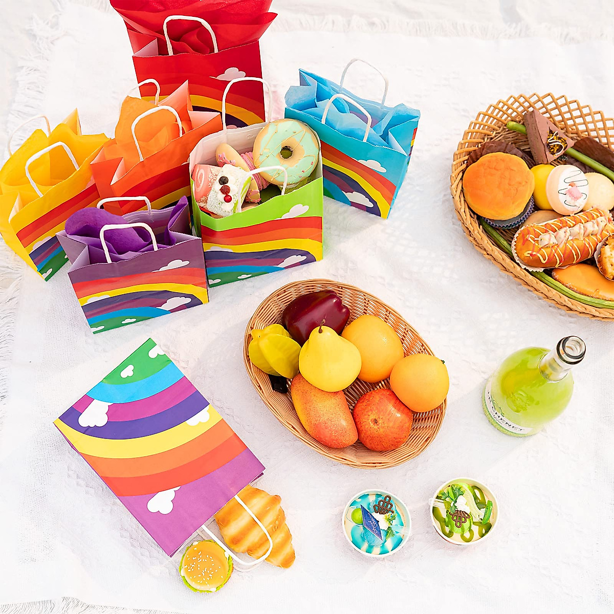 Chrisfall 24 Pcs Party Favors Bags with 30 Pcs Tissue Paper, Kraft Paper Bags with Handles Wrap Goodie Bags for Birthdays, Easter, Weddings, Mother's Day, Baby Showers (Rainbow Pattern)