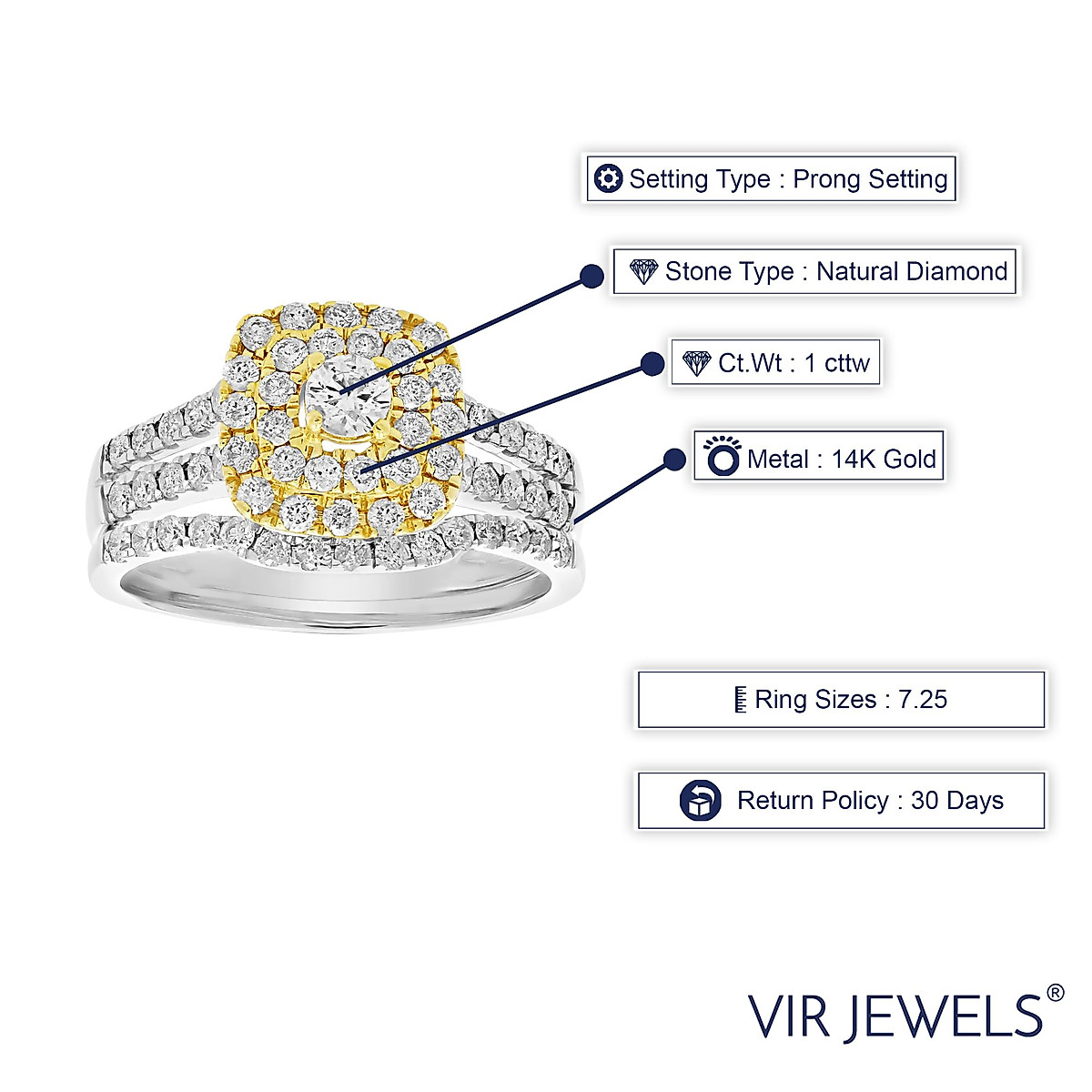 Vir Jewels 1 cttw Diamond Wedding Bridal Ring Set 14K Two Tone Gold Cushion Halo Engagement Size 5