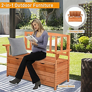 HMXD Cedar Wood Deck Box Bench, Storage Box with Backrest Armrest, All-Weather Yard Container Furniture for Tools, Toys, Outdoor Storage Bench Deck Box w/Seat for Backyard, Porch, Patio, Garden
