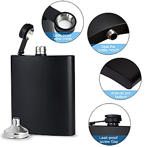 GADIEDIE 12oz+8oz Flask for Liquor for Men Matte Black Stainless Steel Leakproof Funnel and Cups, with Never-Lose Metal Cap, Drinking Flasks for Wedding Party Gift Outdoor Activities