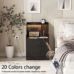 Vabches Nightstand with Charging Station & LED Lights, Black Nightstand with 2 Drawers and Open Storage, Bed Side Table Night Stand for Kids Bedroom Living Room,Small Bedside Table for Toddlers