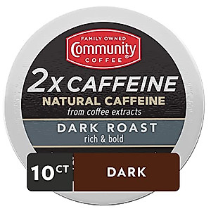 Community Coffee 2X Caffeine Dark Roast 10 Count Coffee Pods, Compatible with Keurig 2.0 K-Cup Brewers, 10 Count (Pack of 1)
