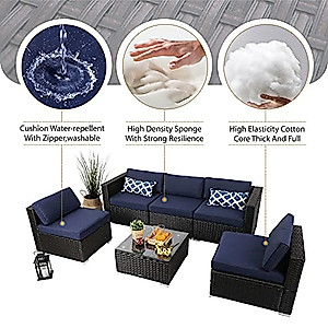 PHI VILLA Outdoor Patio Furniture Sets - Rattan Wicker Patio Sectional Sofa Couch with Tea Table & Washable Cushions (6 Piece, Navy Blue)