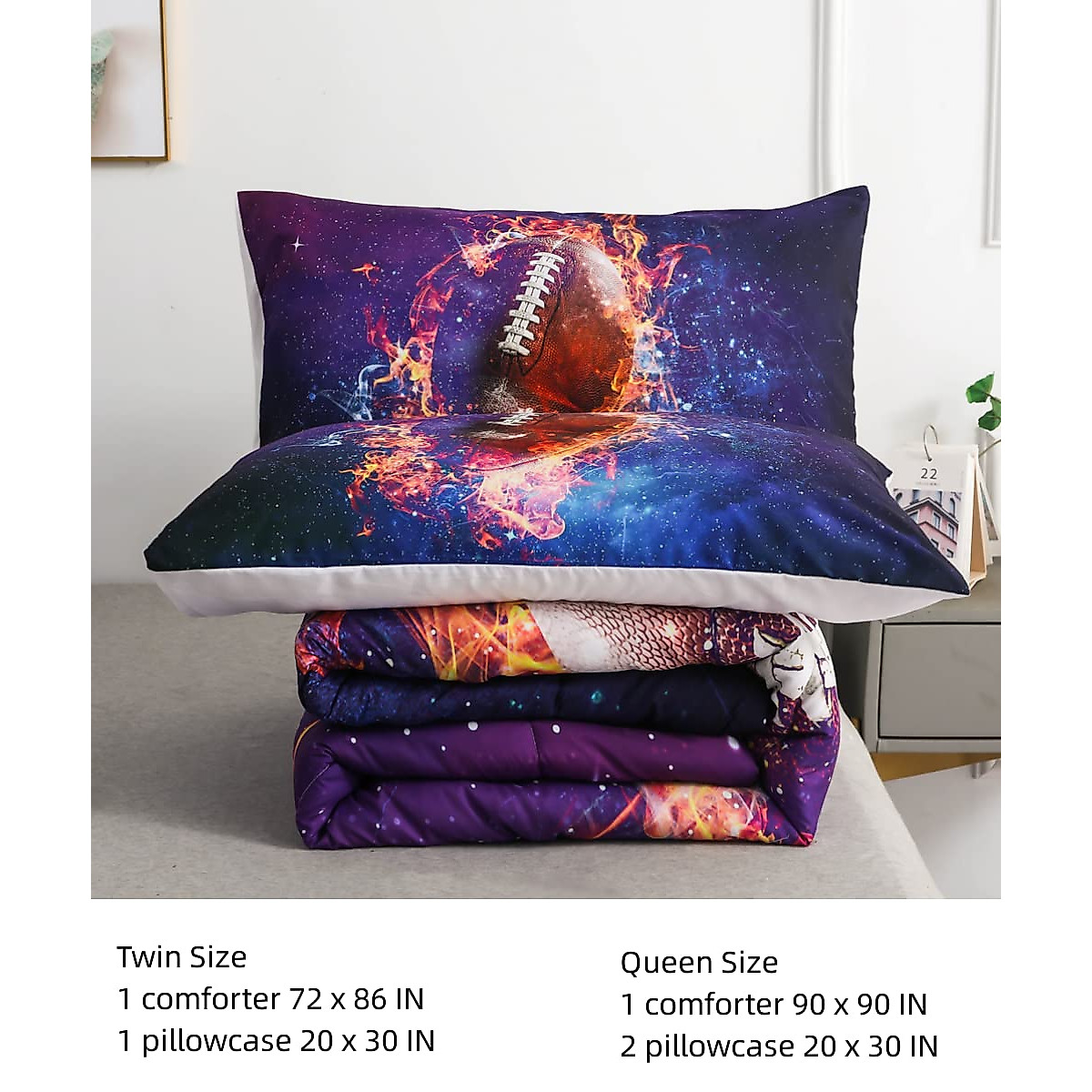 Roscloud Sports Football Rugby Comforter Sets Twin Size Bed Set- 2PC Ice Flame Galaxy Football Boys Quilt Bedspread Bedding Set（Comforter x 1 Pillowcases x 1）