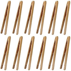12 Pcs Bamboo Tongs 7 Inch Bamboo Toast Tongs for Serving Pickle Muffin, Cheese Fruits Salad, Toast & Bread