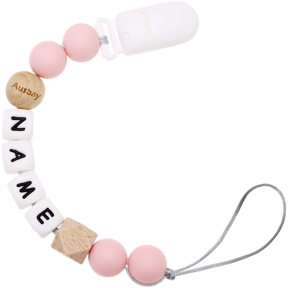 Ausbay Personalized Stroller Clip with Name, Unisex Baby Gifts for Newborn (Light Pink)