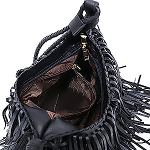 DBMGB Leather Hobo Bag, Fringe Crossbody Bags, Tassel Purse, Vintage Shoulder Handbags, for Women Girls,Black