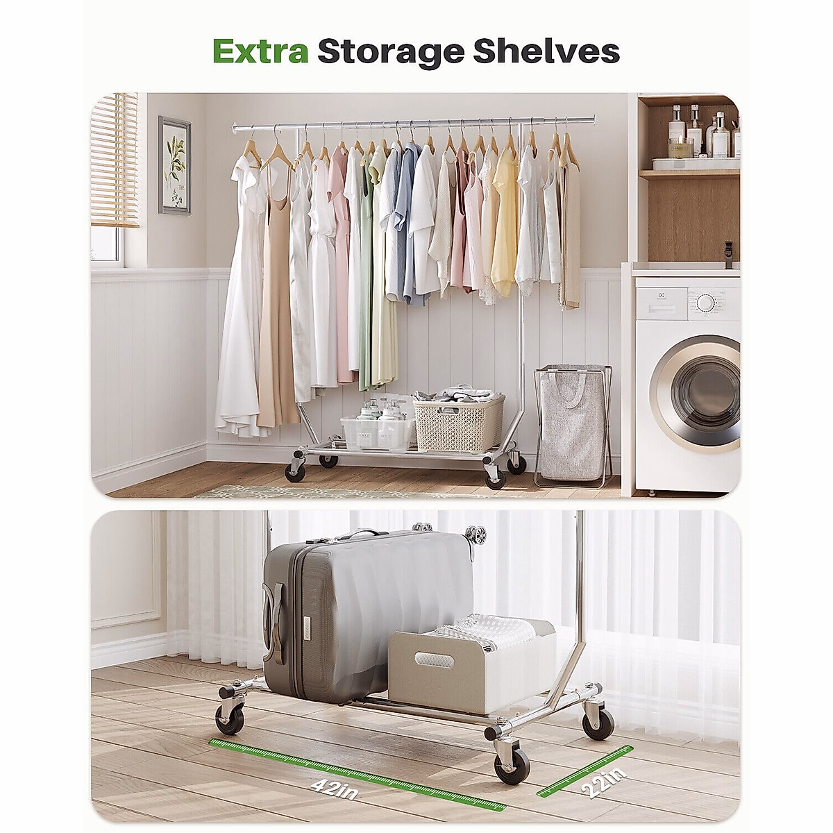 Rolling Commercial Grade Clothing Garment Racks Sing Rail Adjustable