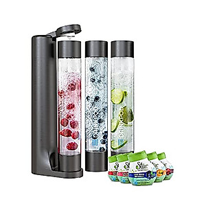 FIZZpod Soda Maker With TWO CO2 Cylinder- Fizzy Drink Machine with 3 PET Bottles, 3 Caps, 1 Carbonator Cap and Manual - Make Homemade Sparkle Water, Juice, Coffee, Tea and Cocktail Drinks with Fruit (Black + 2 CO2 + Stur Drink Mix)