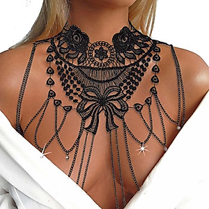 Aiosy Gothic Black Body Chain Sexy Lace Shoulder Necklace Chain Layered Rhinestone Bra Chain Rave Prom Costume Party Body Jewelry for Women