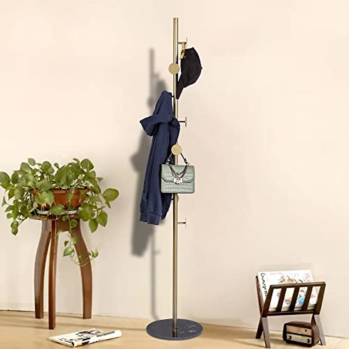 FLRH Coat Rack Tree, 66" Modern Metal Hall Coat Tree With 7 Hooks for Coats, Free Standing Metal Coat Rack and Hat Hanger Organizer Rack, with Weighted Stable Marble Base (Gold)