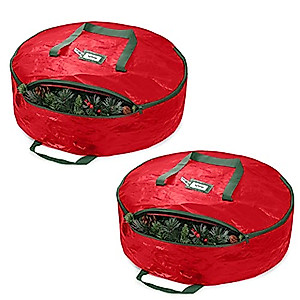 ZOBER Christmas Wreath Storage Bag - Water Resistant Fabric Storage Dual Zippered Bag for Holiday Artificial Christmas Wreaths, 2 Stitch-Reinforced Canvas Handles (Set of 2,24 Inch, Red)