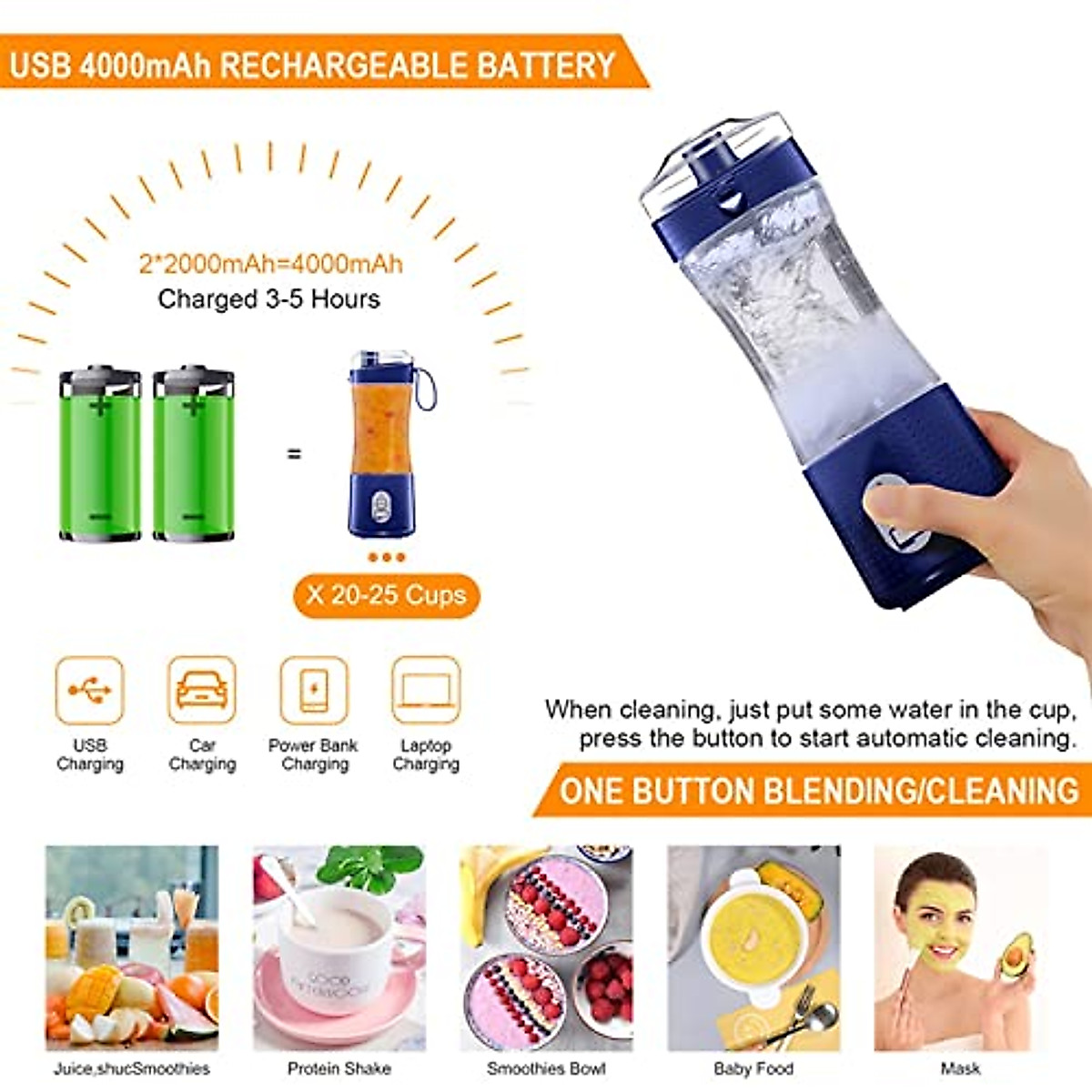 TANACC Portable Juice Blender Mini Portable USB Electric Fruit Juicer Smoothie Maker Orange Juicer Machine Cup for Fruit Food Processor Maker Juice Extractor