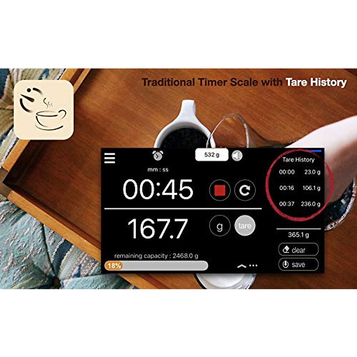 Coffee Scale with Timer, Pour Over Coffee Scale, Espresso Scale, Wireless, free mobile apps, USB Rechargeable Battery, 0.1g 3000g