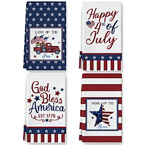 AnyDesign Patriotic Kitchen Dish Towel 18 x 28 4th of July Stars Stripes Dishcloth American Flag Decorative Hand Drying Tea Towel for Independence Day Memorial Day Cooking Baking, 4Pcs