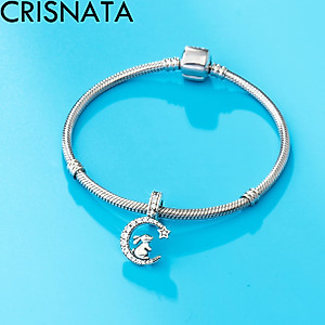 Dangle Bunny on Crescent Moon Star Charms, Fit Pandora Easter Bracelet Animal Necklace, 925 Sterling Silver Rabbit Pendant Beads with Sparkling CZ, Gift for Birthday/Wife