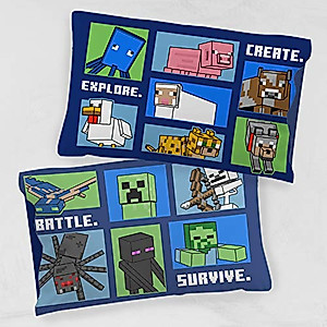 Jay Franco Minecraft Explore Create Battle Survive 1 Single Pillowcase - Double-Sided Kids Super Soft - Bedding Features Creeper, Enderman, Zombie, & Skeleton