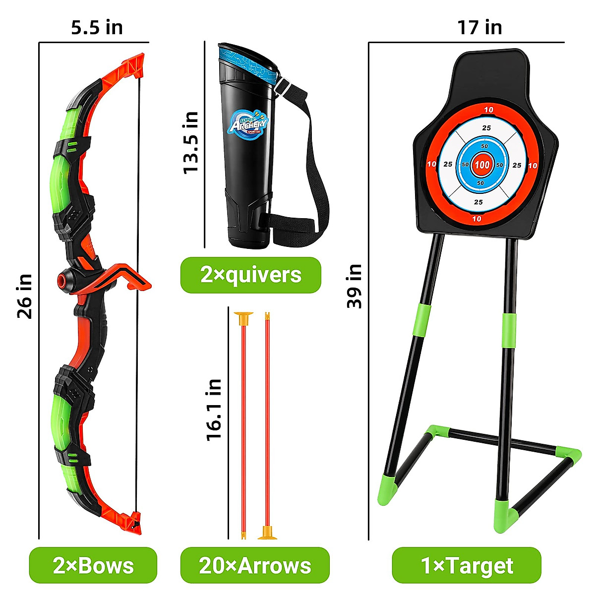 OWNONE 1 Bow and Arrow for Kids 4-6-8-12 Years Old, Archery Toy Set for Boys with LED Lights - Includes 2 Bows, 20 Suction Cup Arrows, 2 Quivers & Standing Target, Outdoor Toys for Kids Boys Girls