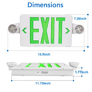 Green LED Exit Sign Emergency Light Combination Adjustable Two Heads and Battery Backup, US Standard Commercial Emergency Exit Lighting, Fire Resistant UL 924 AC 120/277V (4-Pack)