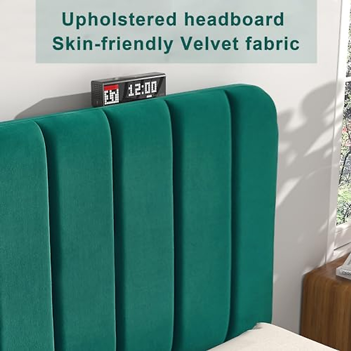 VECELO Queen Size Bed Frame with Adjustable Headboard, Velvet Heavy Duty Platform Beds with Strong Wood Slats Support, No Box Spring Needed, Green