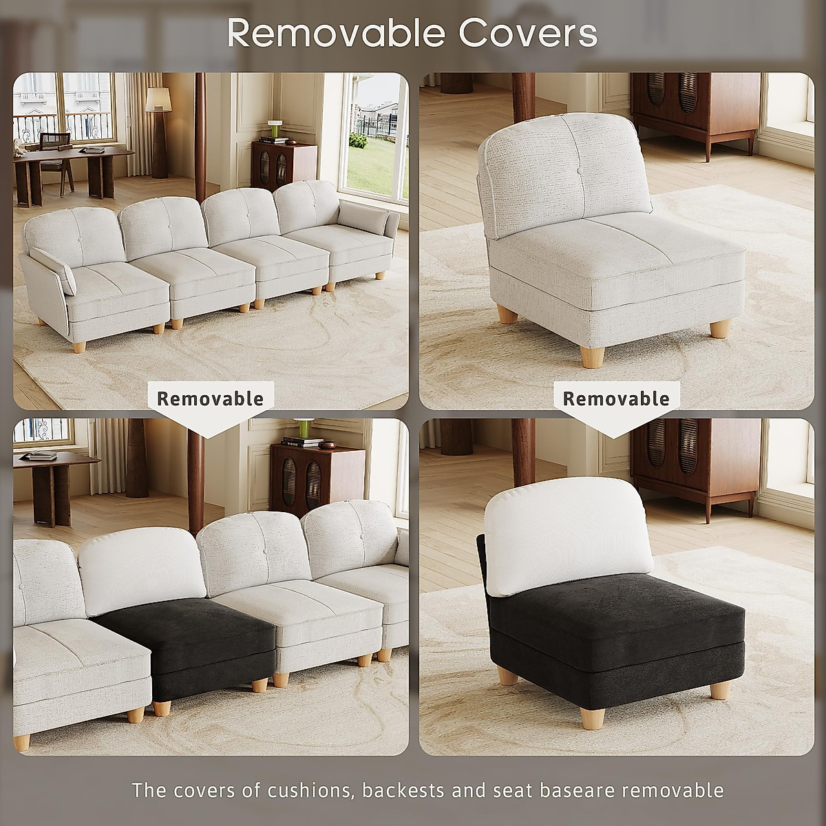 LLappuil Oversized Modular Sectional Fabric Sofa Set, Extra Large L Shaped Couch Reversible Chaise Modular Sectional Couch, 113.5 inch Width,8 Seat Modular Sofa with Storage Ottoman, Linen,Off White